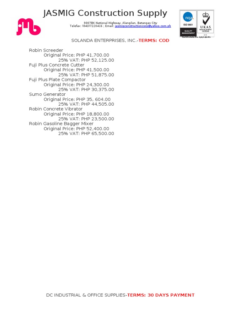 JASMIG Construction Supply: Terms: Cod | PDF | Tools | Equipment