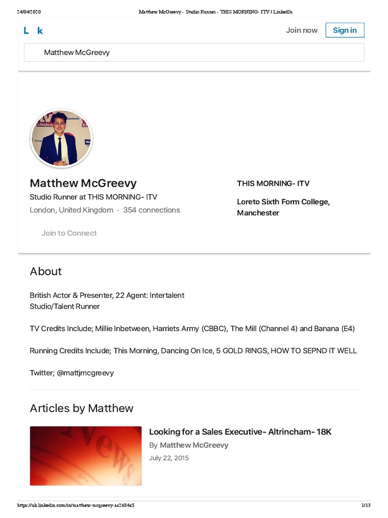 Matthew McGreevy Linked in Profile | PDF | Television Broadcasting ...
