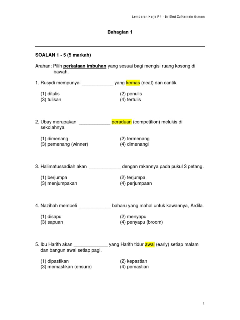 Lembaran Kerja P4 (Soalan) - Practice Paper Malay Tuition Bahasa Melayu ...