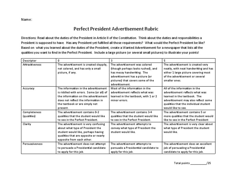 Perfect President Advertisement Rubric: Name | PDF | Advertising ...