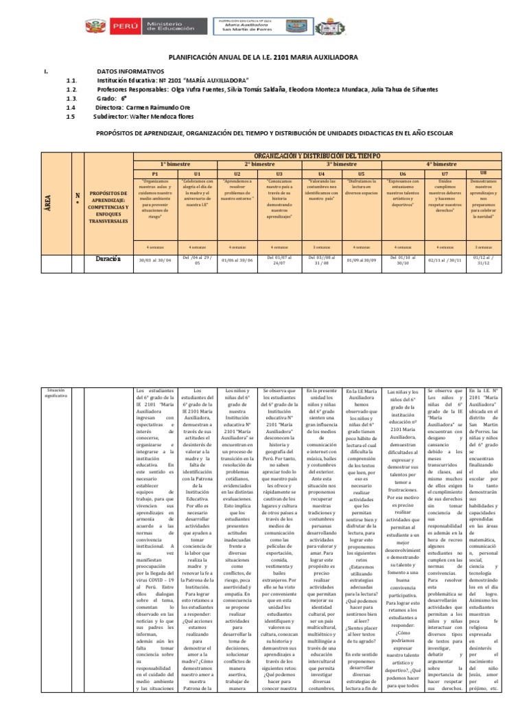 Planificación Anual 6° Grado | PDF | Salón de clases | Amor