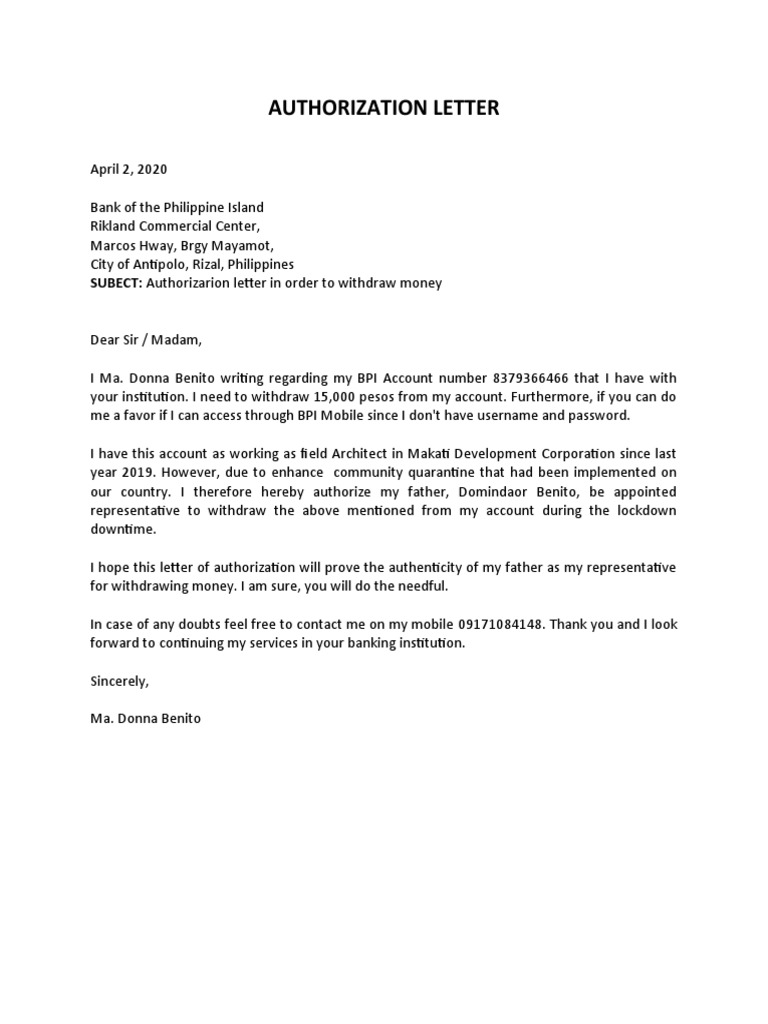 Authorization Letter: SUBECT: Authorizarion Letter in Order To Withdraw ...