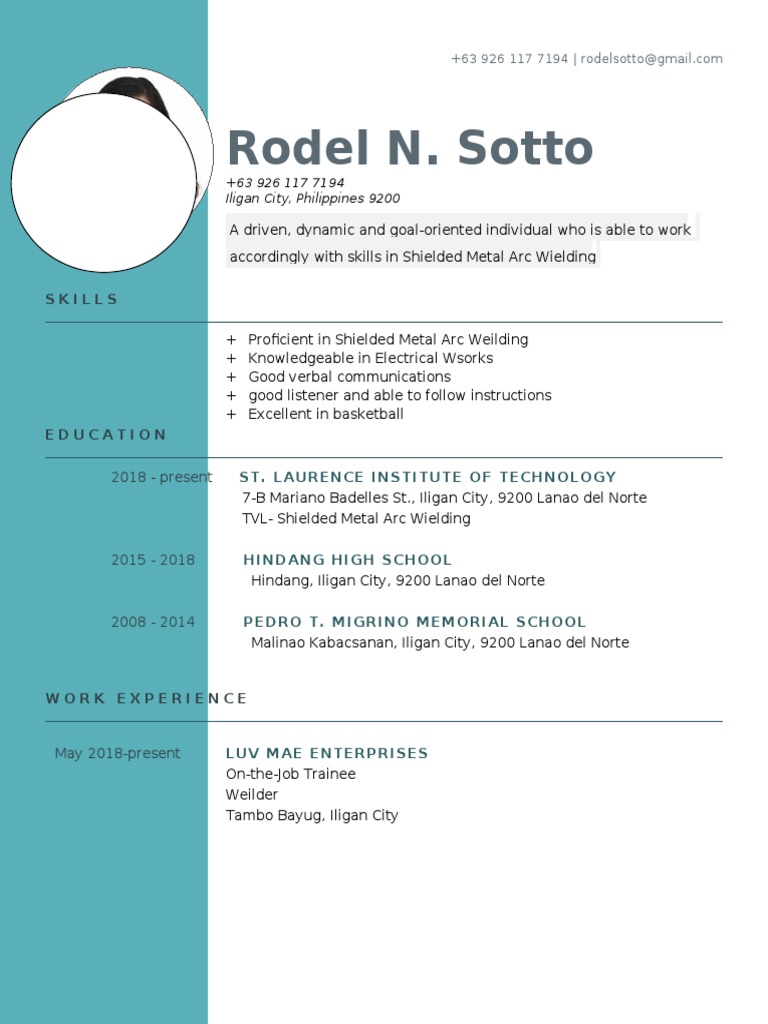 Resume of Rodel N. Sotto highlighting skills in Shielded Metal Arc ...