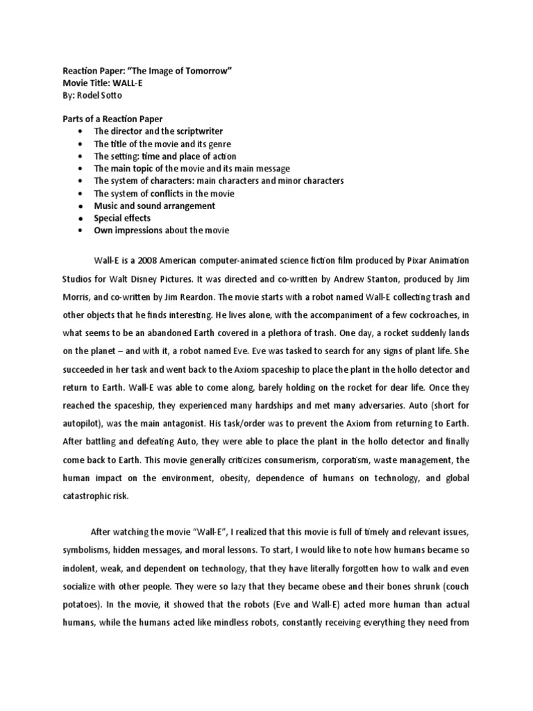 Reaction Paper: "The Image of Tomorrow" Movie Title: WALL-E | PDF