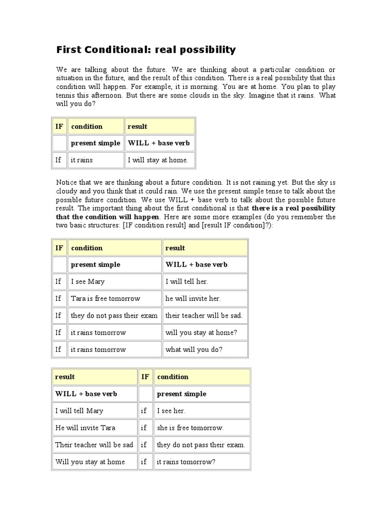First Conditional: Real Possibility: IF Condition Result Present Simple ...