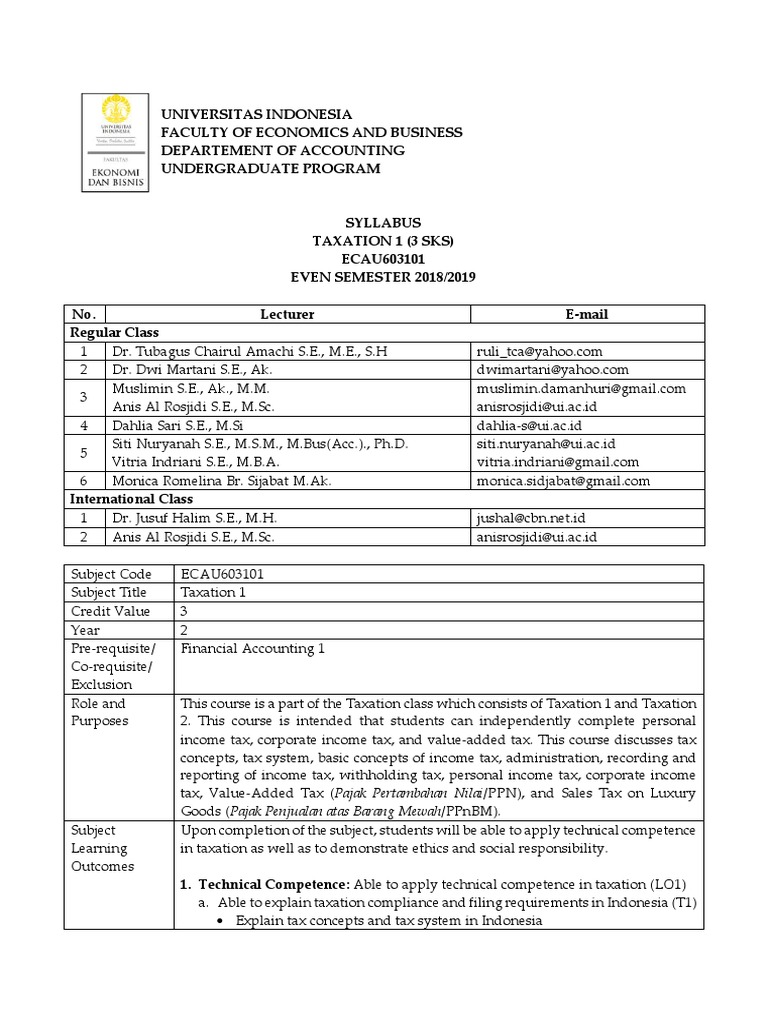 Silabus Perpajakan 1 3 SKS REVISI 030219 | PDF | Value Added Tax | Taxes