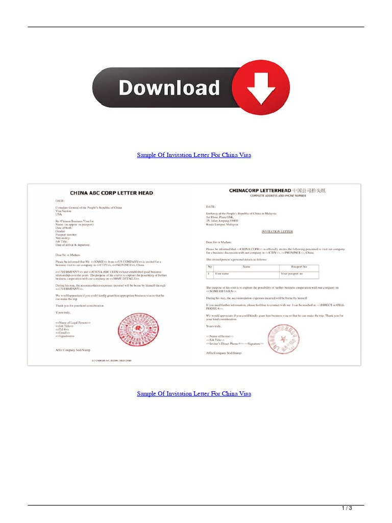 Sample of Invitation Letter For China Visa PDF | PDF | Travel Visa ...