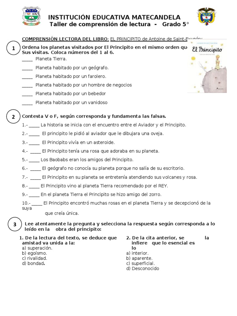 TALLER 1 - Comprension Lectora - Quinto | PDF | El Principito