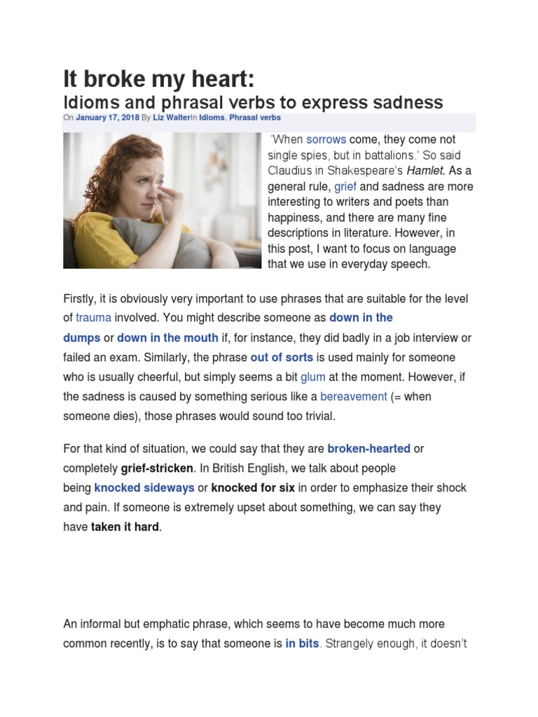 Idioms and Phrasal Verbs To Express Sadness | PDF | Phrase | Cognitive ...