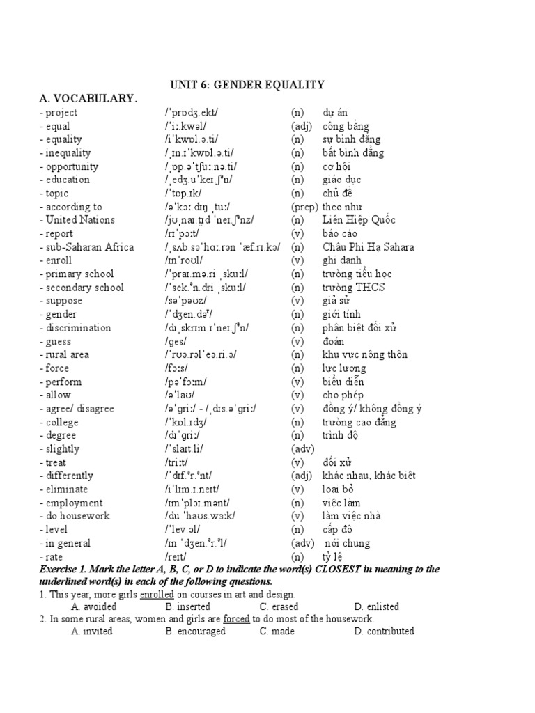 Unit 6: Gender Equality A. Vocabulary | PDF | Gender Inequality ...