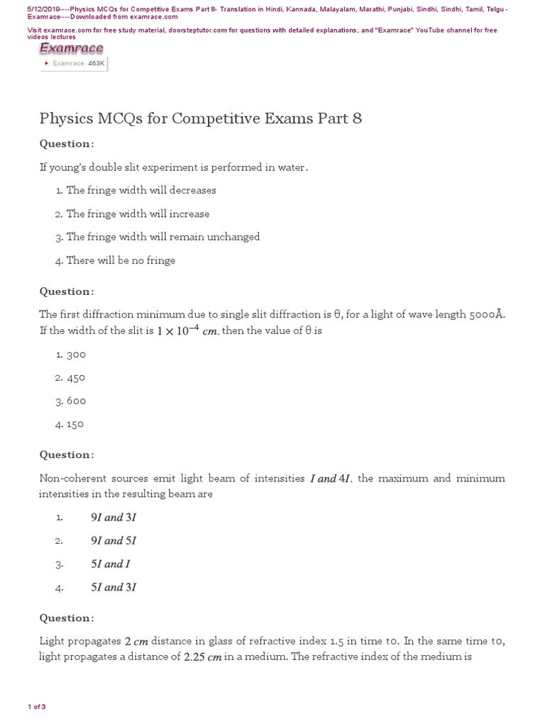 Physics MCQs Part 8 PDF | PDF | Diffraction | Refractive Index