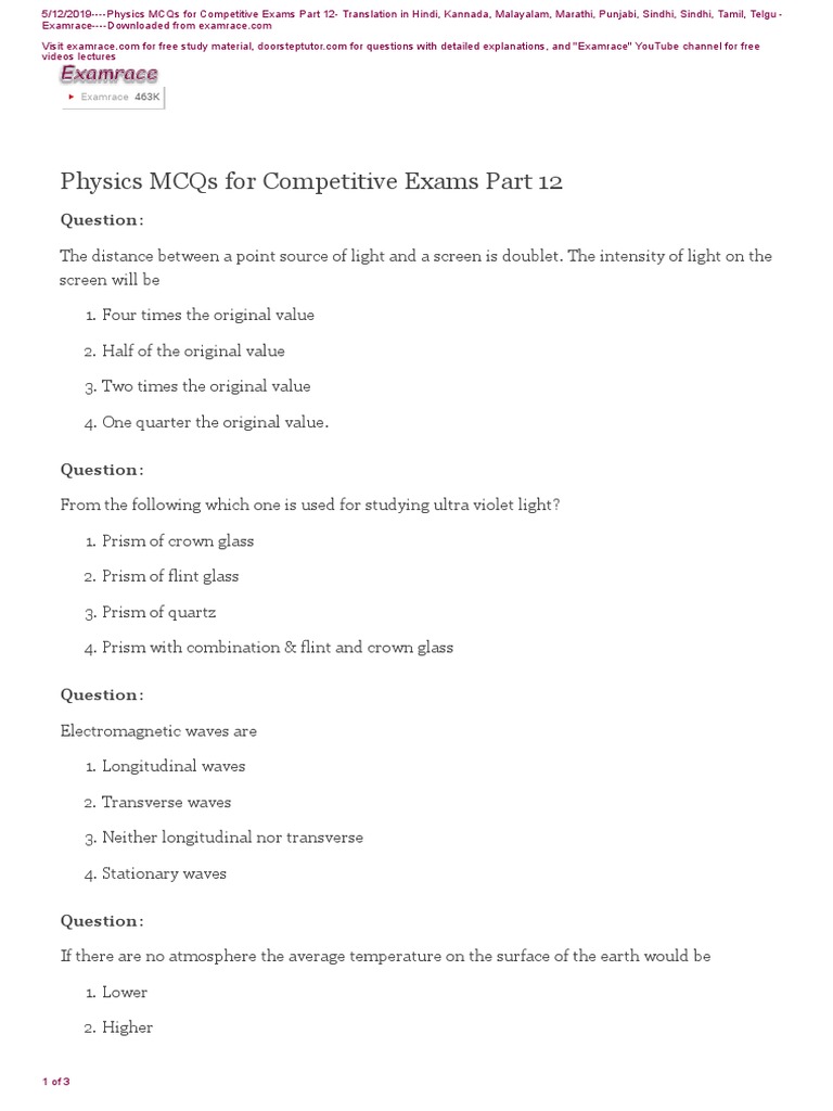 Physics MCQs on Electromagnetic Waves and Light: Practice Questions on ...