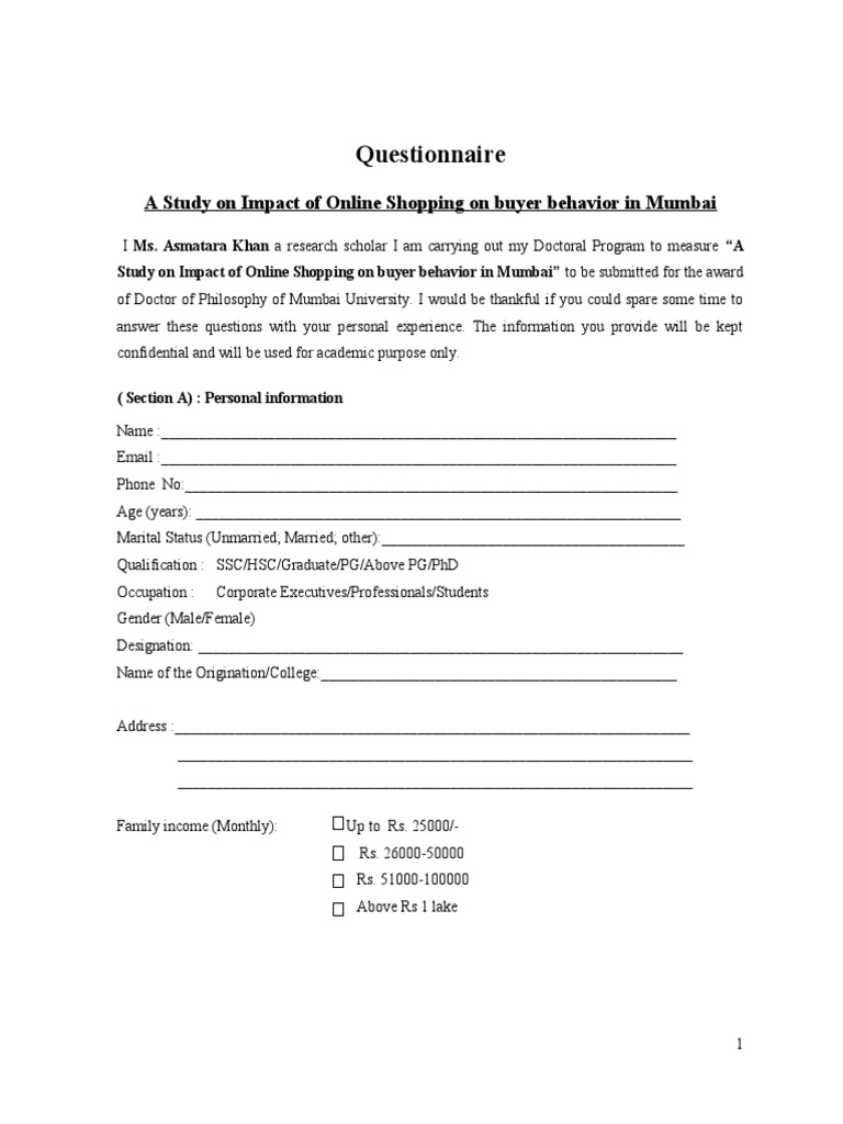 Questionnaire: A Study On Impact of Online Shopping On Buyer Behavior ...