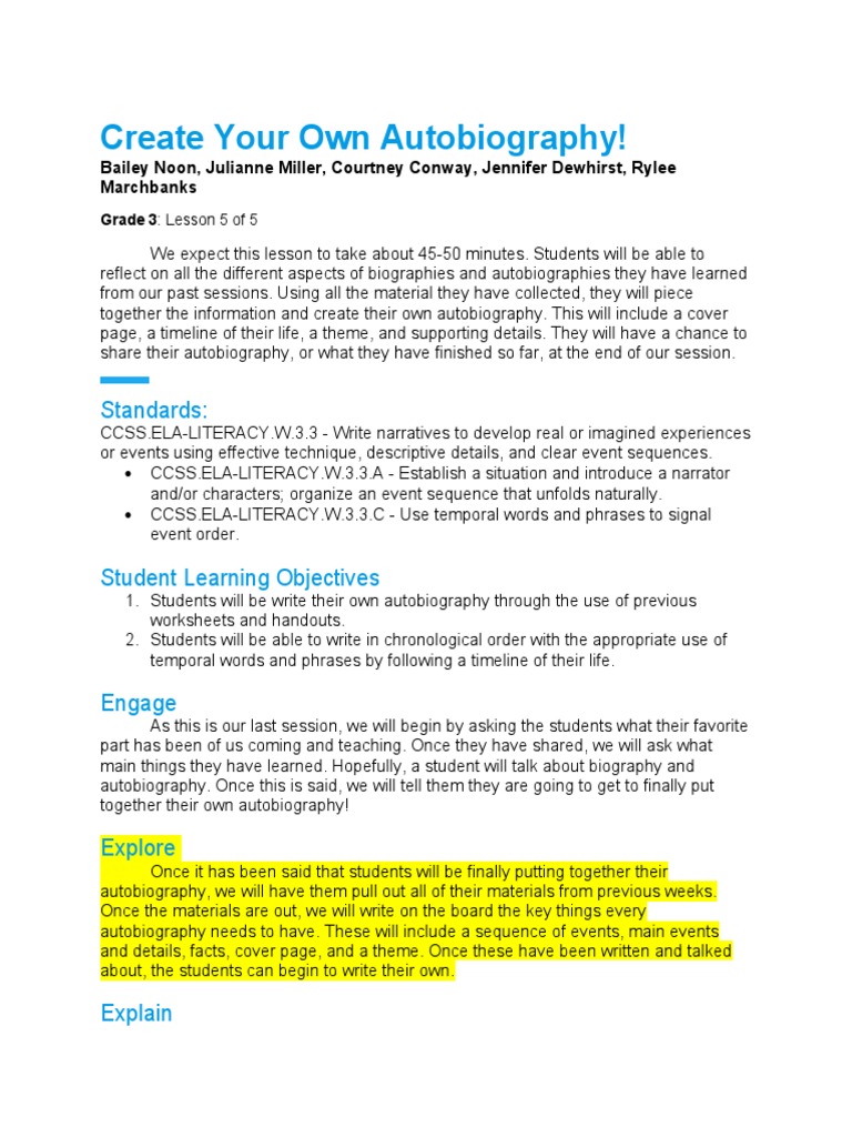 Engl 434 Grade 3 Autobiography Lesson | PDF | Education Theory | Learning