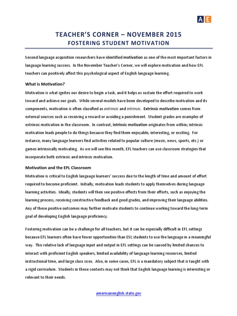 EFL Student Motivation Strategies | PDF | English As A Second Or ...
