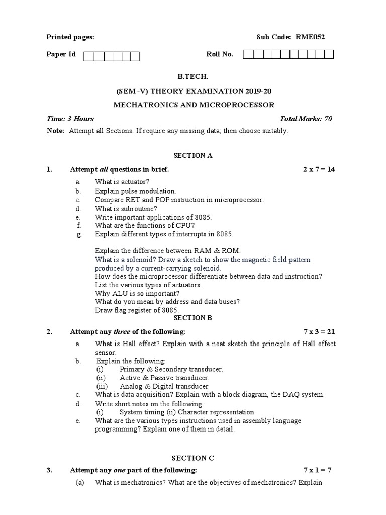 B.Tech. Mechatronics and Microprocessor Theory Examination from 2019-20: Questions Covering ...