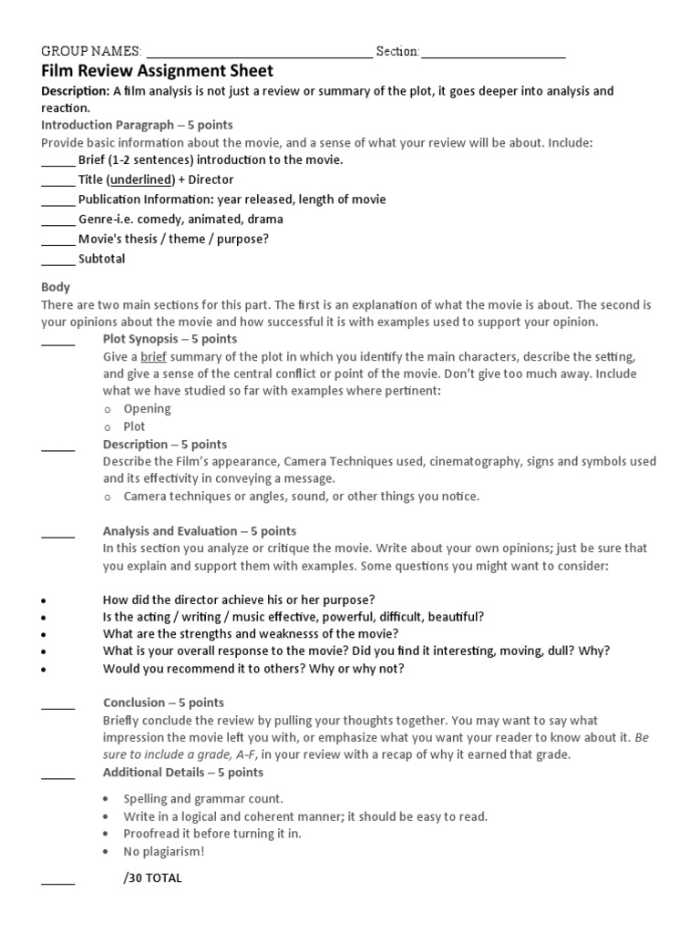 Film Review Assignment Sheet: Introduction Paragraph - 5 Points | PDF ...