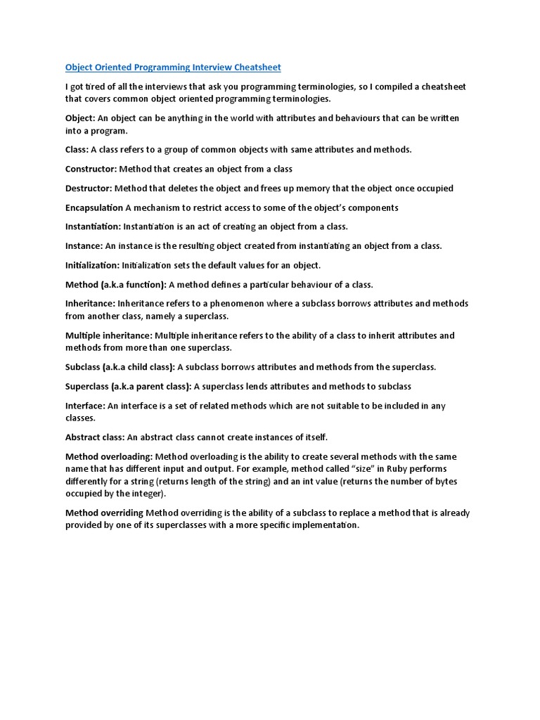 Object Oriented Programming Interview Cheatsheet Pdf Method Computer Programming Class