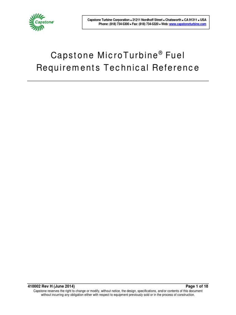 Capstone Microturbine Fuel Requirements Technical Reference: Capstone Turbine Corporation Phone ...