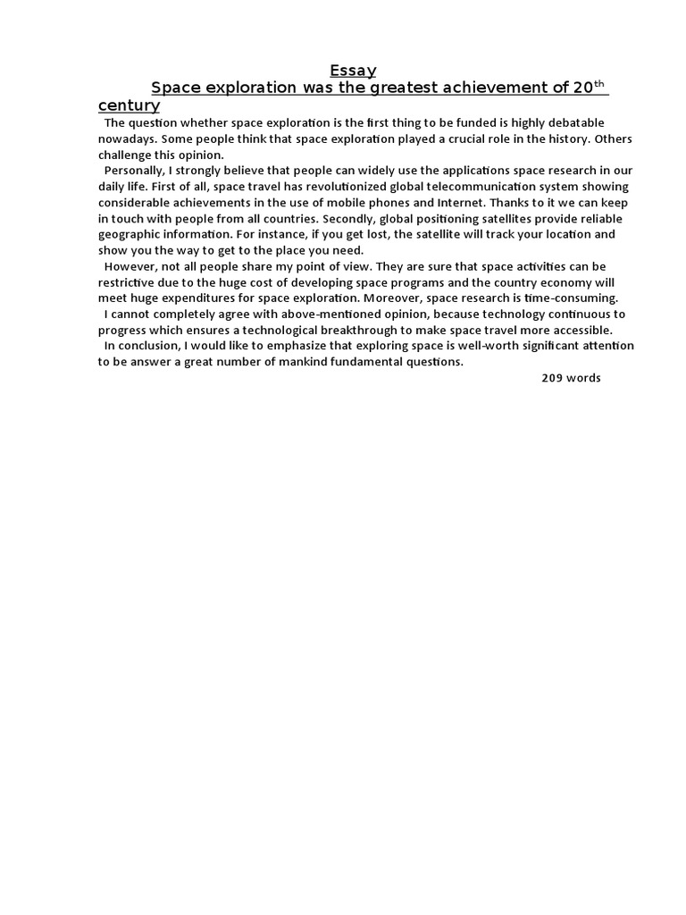 Essay Space Exploration Was The Greatest Achievement of 20 Century | PDF