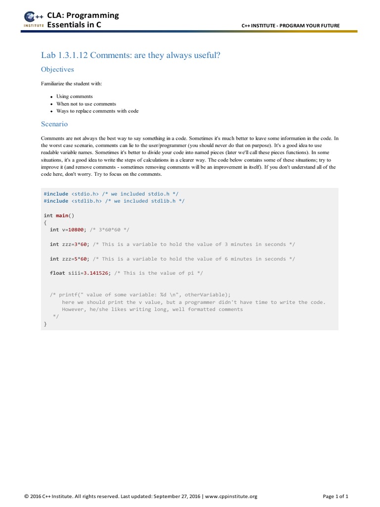 CLA: Programming Essentials in C: Lab 1.3.1.12 Comments: Are They Always Useful? | PDF