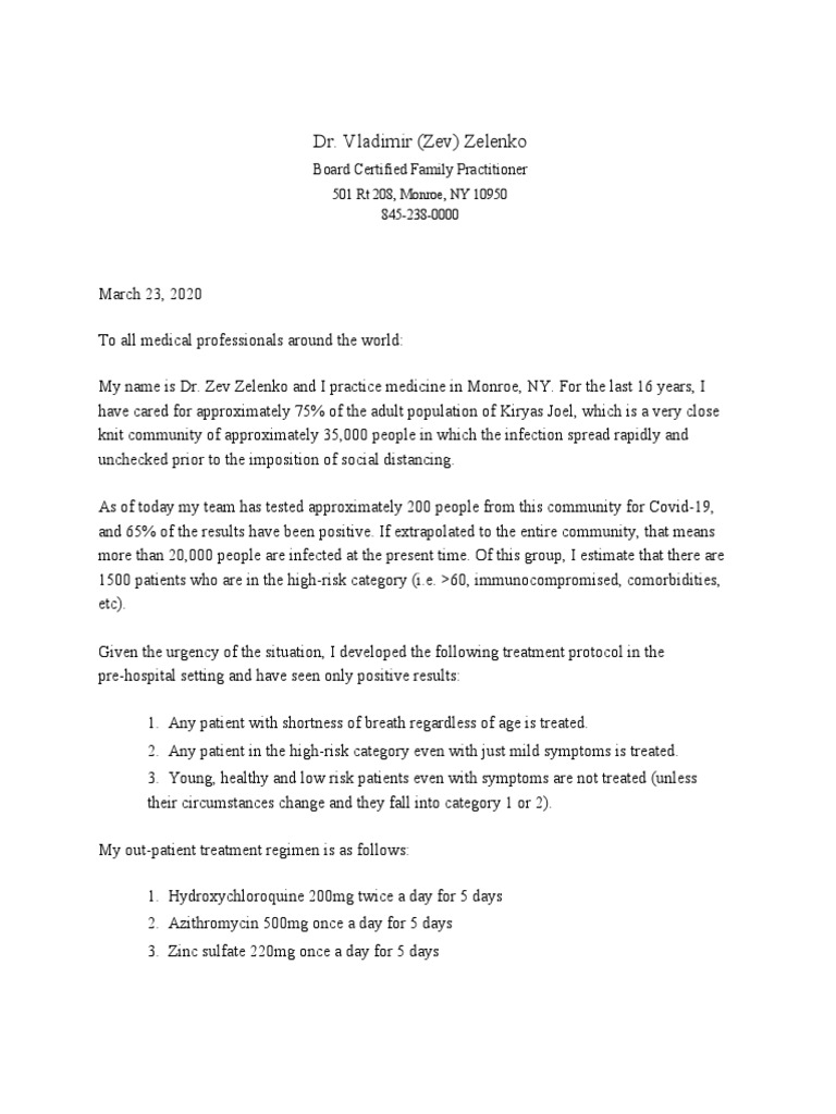 Correspondence From DR Vladimir Zelenko On Treatment of COVID-19 in New ... Correspondence From DR Vladimir Zelenko On Treatment of COVID-19 in New ...