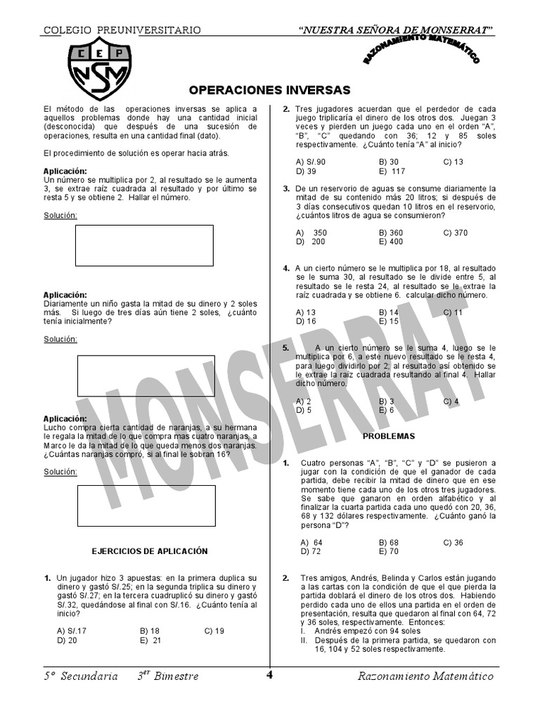 Operaciones Inversas | PDF | Sustracción | Enseñanza de matemática