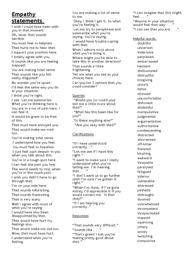 Empathy Statements and Responses Guide | PDF