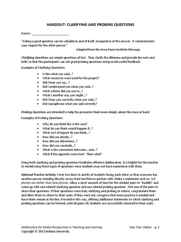 Handout: Clarifying and Probing Questions: Name | PDF | Question ...