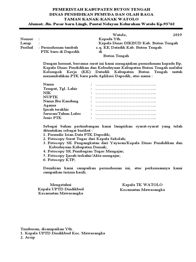 Surat Permohonan Tambah PTK Ke DAPODIK Dan Surat Tugas | PDF