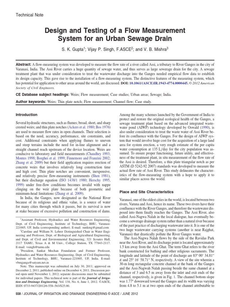 Design and Testing of A Flow Measurement System For An Urban Sewage ...