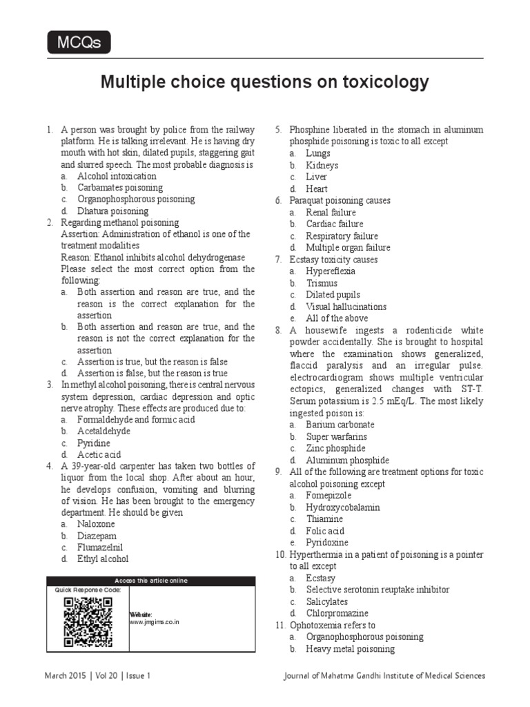 Multiple Choice Questions On Toxicology | PDF | Toxicology | Medical ...