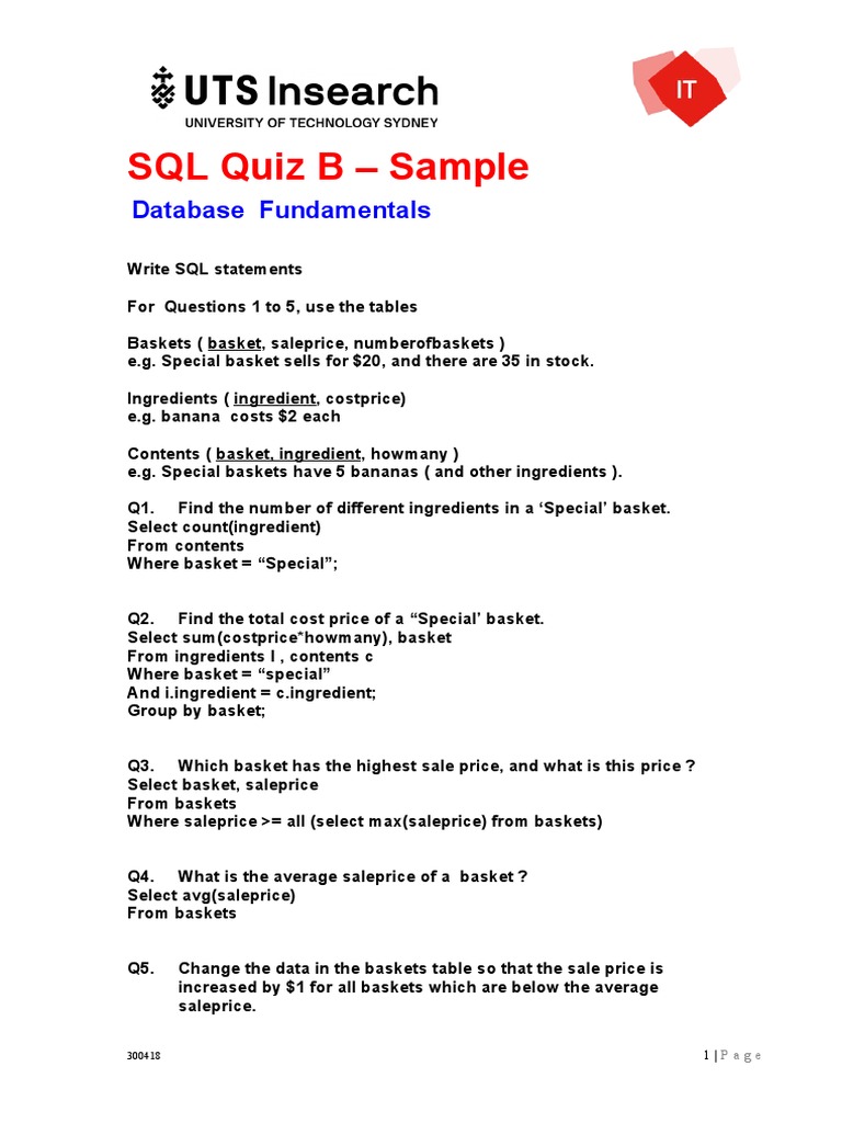 SQL Quiz Sample - B | PDF | Databases | Information Technology