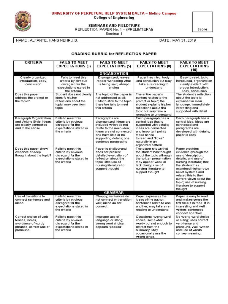 Grading Rubric For Reflection Paper | PDF | Verb | Paragraph