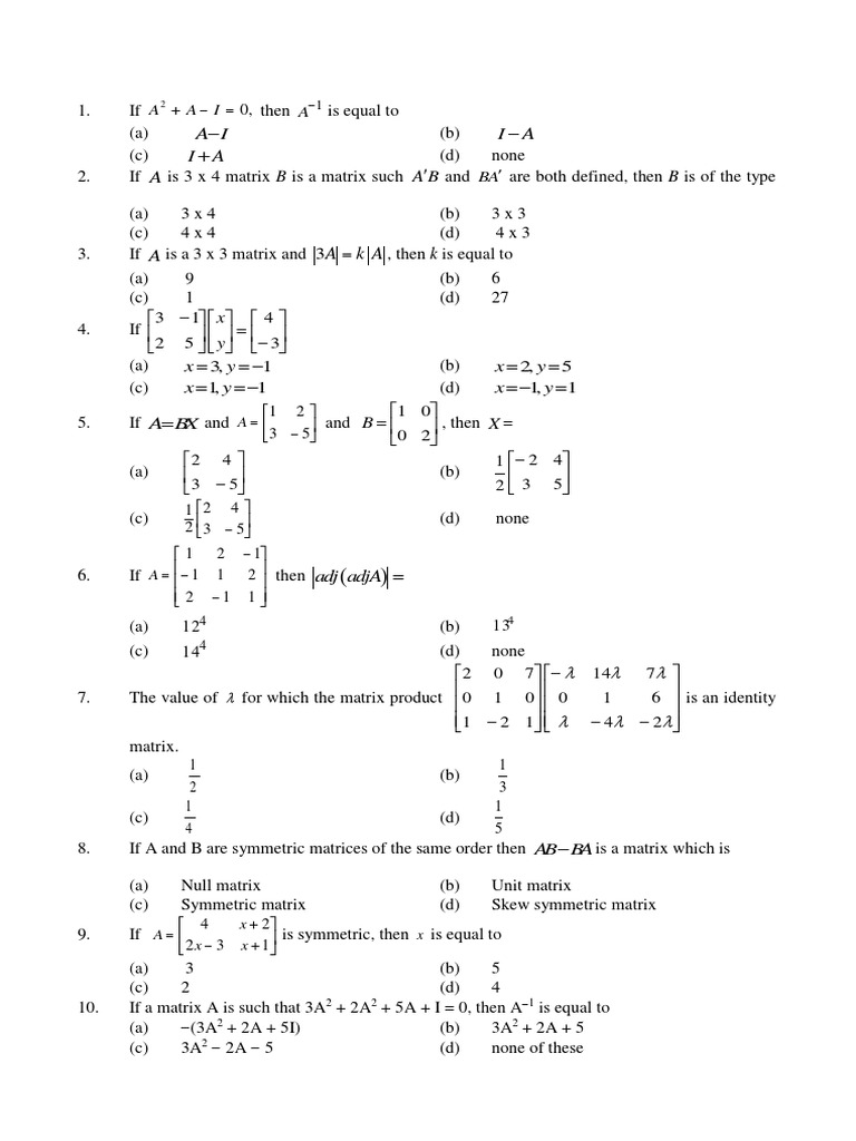 Matrices MCQ | PDF | Matrix (Mathematics) | Matrix Theory