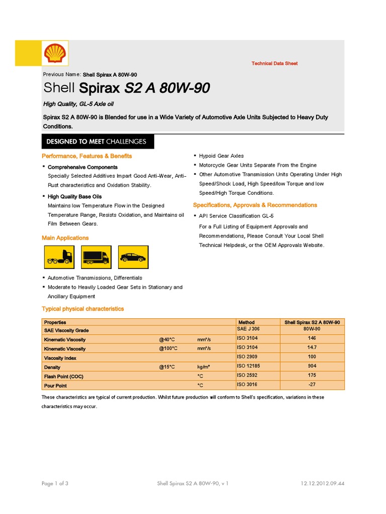 Shell Spirax S2 A 80W-90 (TDS | PDF | Viscosity | Transmission (Mechanics)