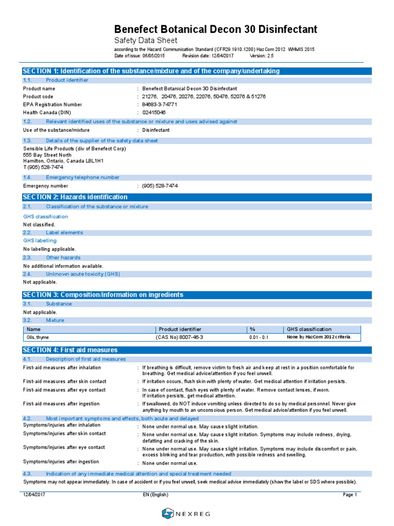 Benefect Botanical Decon 30 Disinfectant: Safety Data Sheet | Download ...