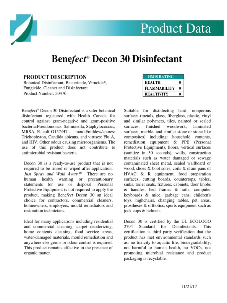 Decon 30 Product Data Sheet Ca | PDF | Disinfectant | Waste Management