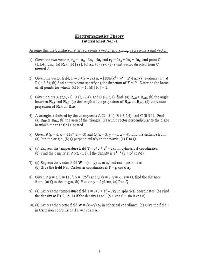 Electromagnetics Theory: Tutorial Sheet No.: - 1 | PDF | Coordinate System | Spacetime