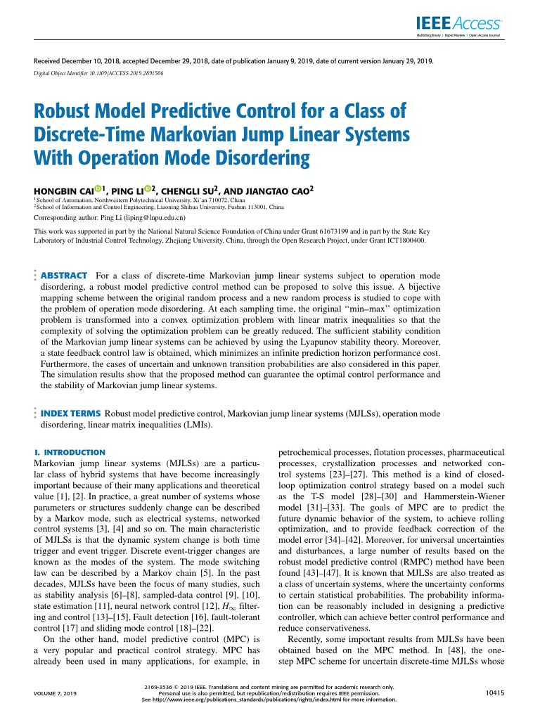 Robust Model Predictive Control For A Class of Discrete-Time Markovian Jump Linear Systems With ...
