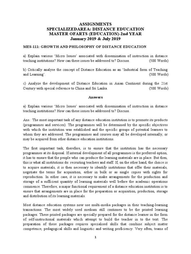 Assignments Specializedarea: Distance Education Master Ofarts ...