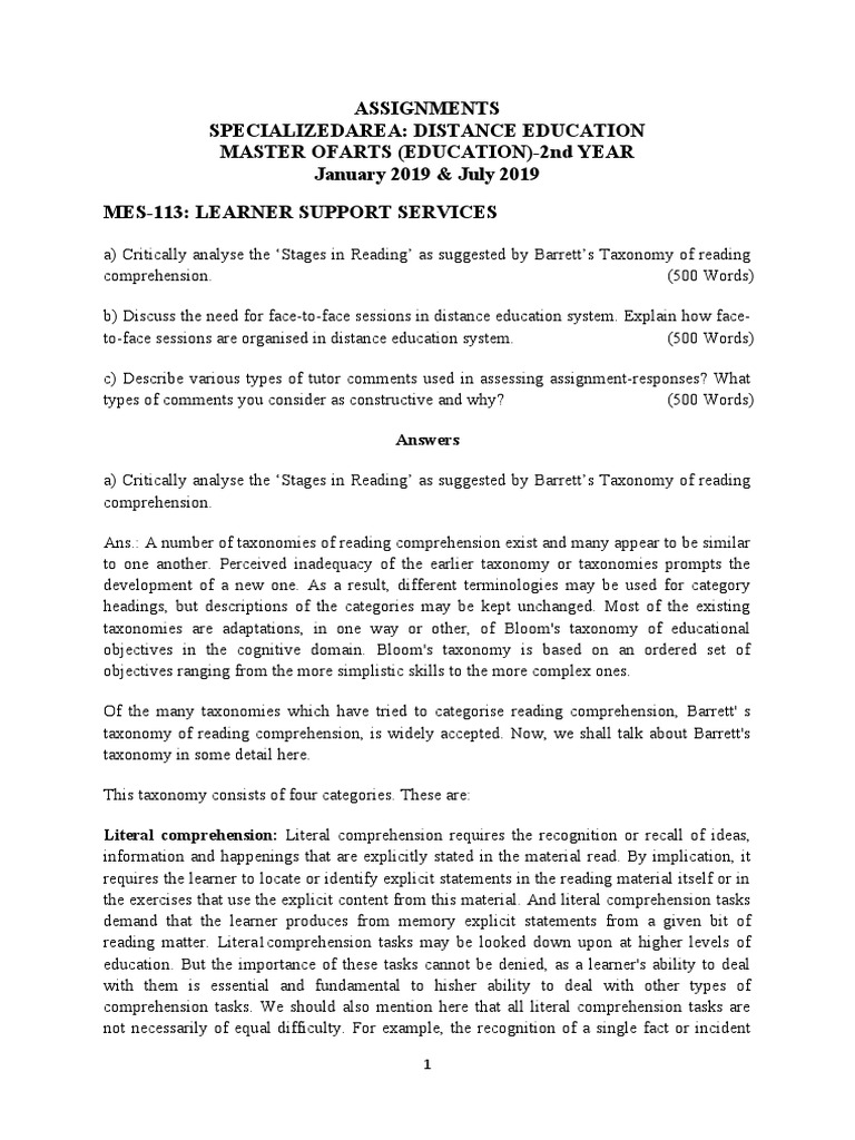Assignments Specializedarea: Distance Education Master Ofarts ...