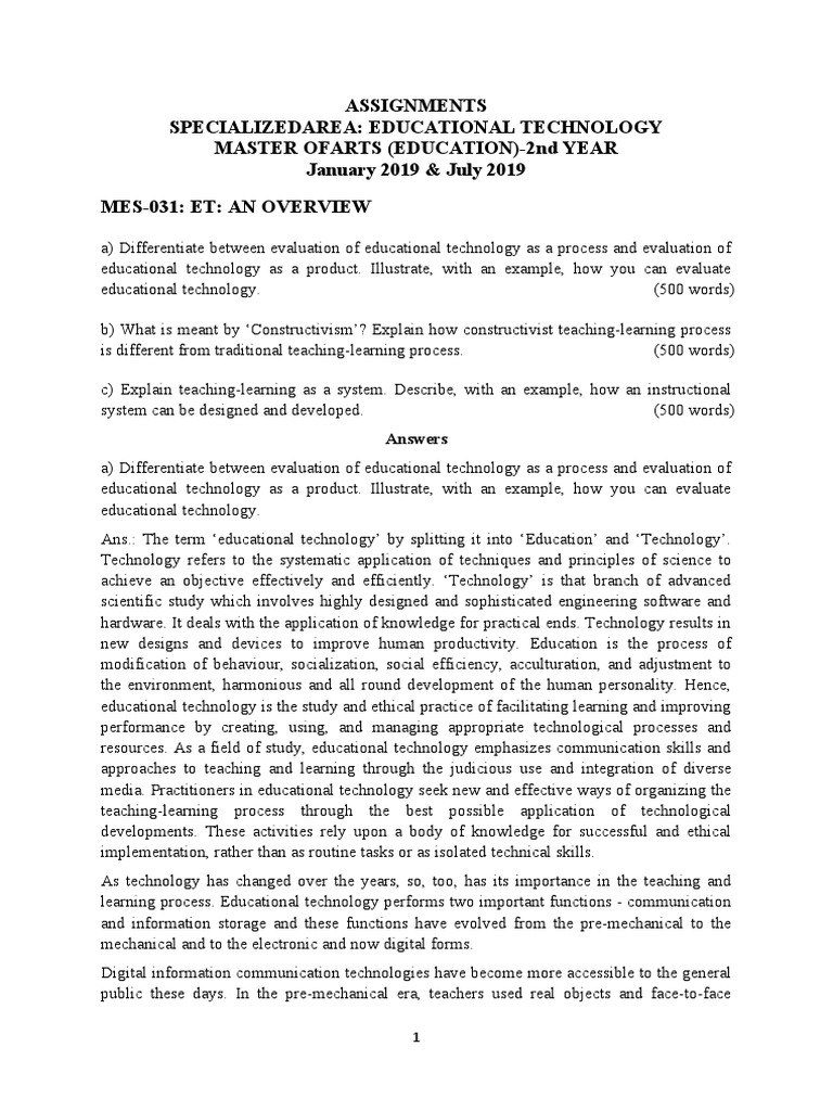 Assignments Specializedarea: Educational Technology Master Ofarts ...
