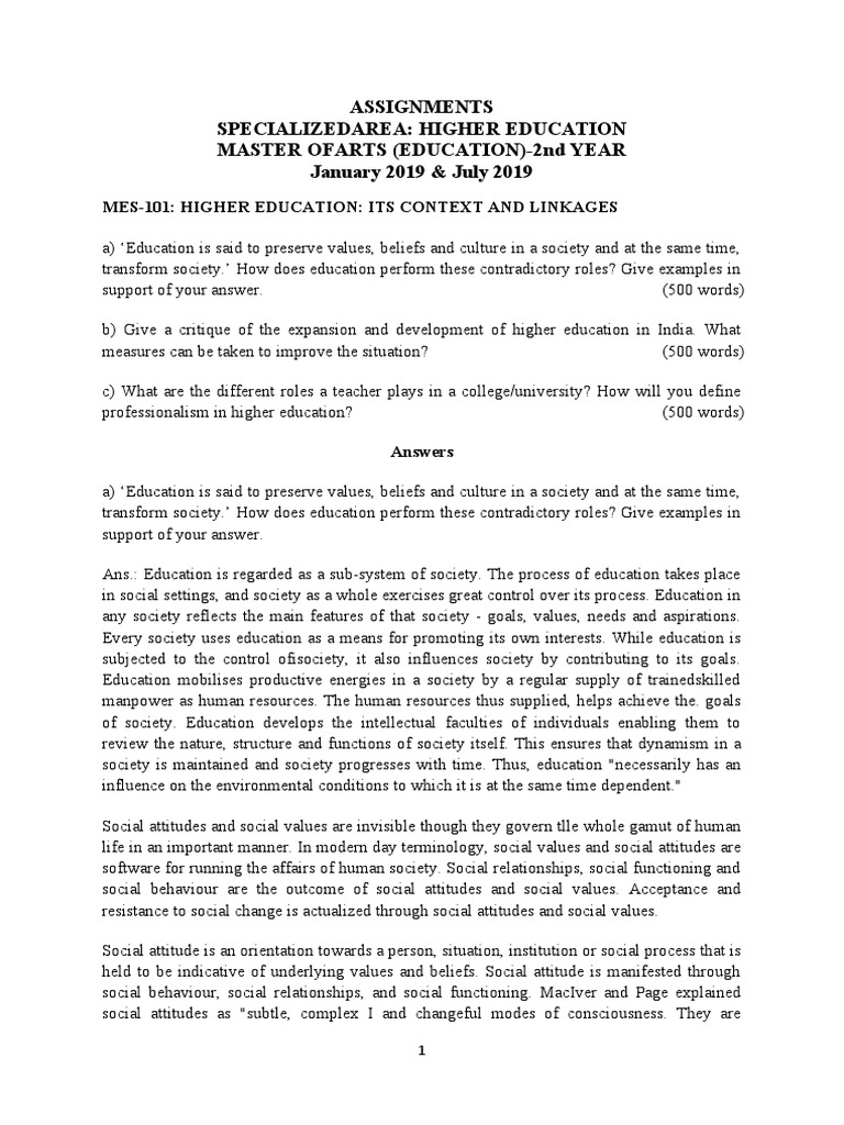 Assignments Specializedarea: Higher Education Master Ofarts (Education ...