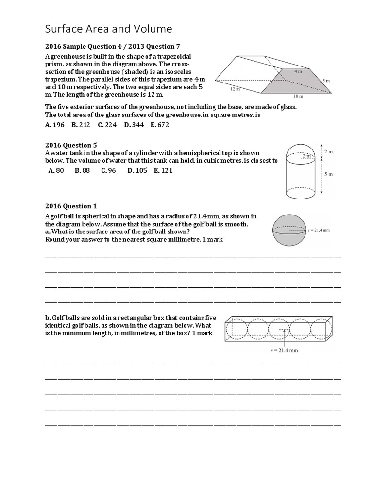 Surface Area and Volume Revision Questions | PDF | Volume | Area