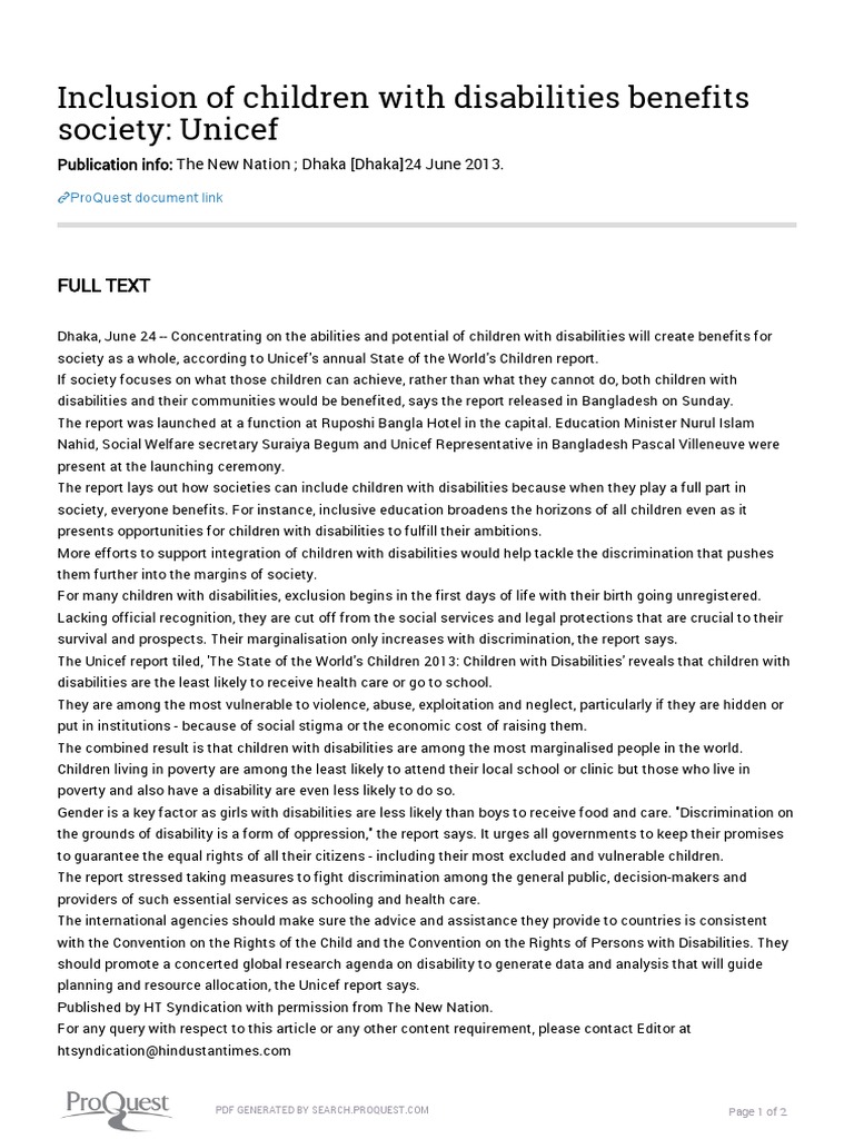 Inclusion of Children With Disabilities Benefits Society: Unicef | PDF ...