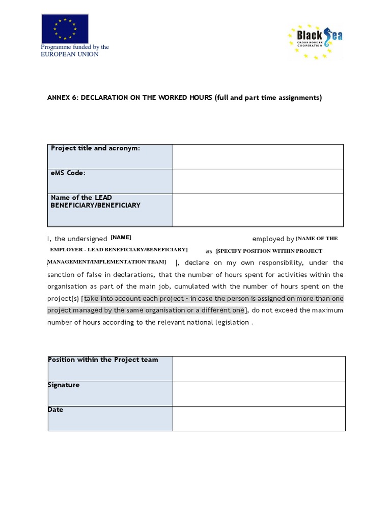 Annex 6 Declaration Worked Hours | PDF