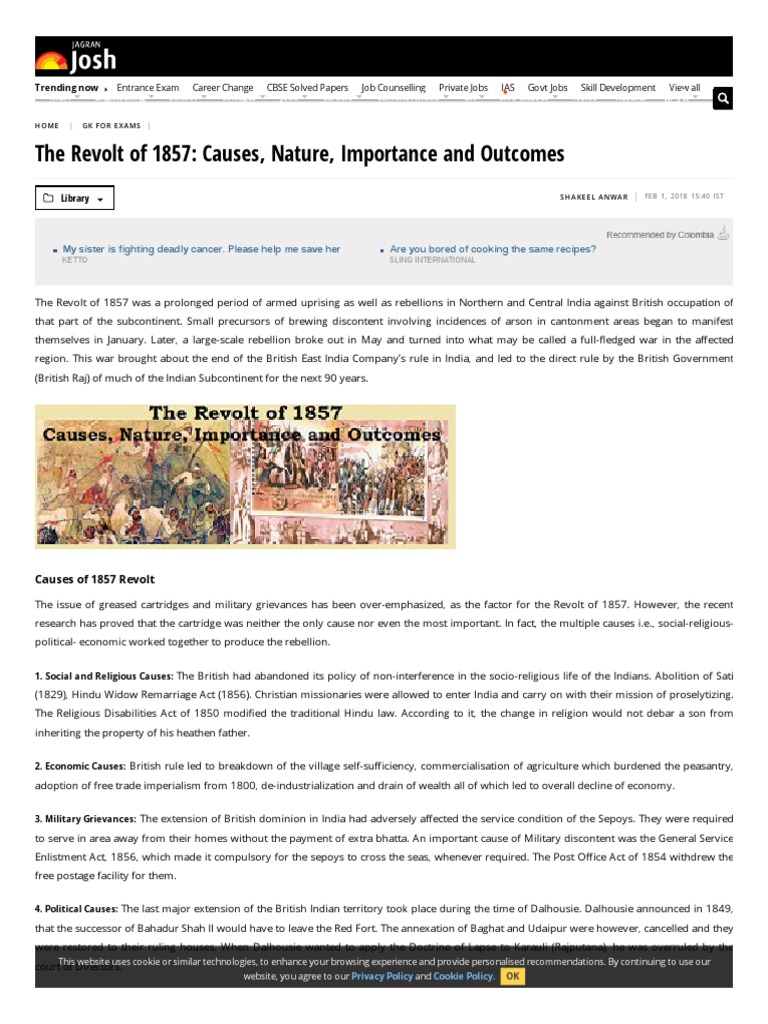 The Revolt of 1857: Causes, Nature, Importance and Outcomes | PDF ...