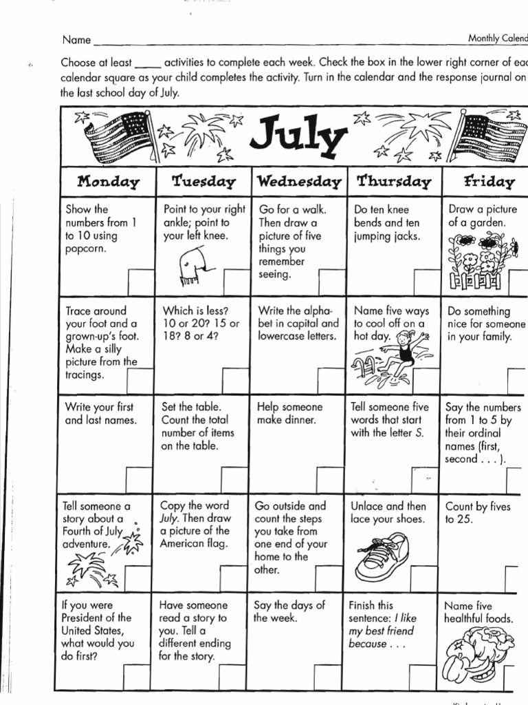 Kindergarten To 1st Grade - July Calendar