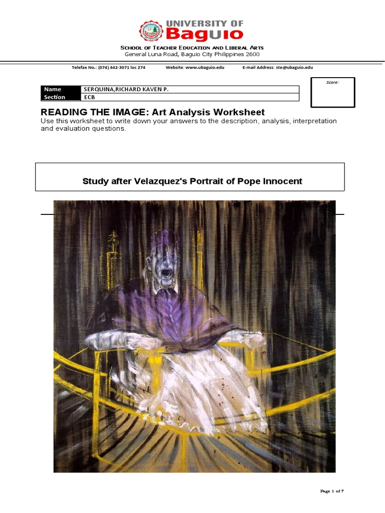READING THE IMAGE: Art Analysis Worksheet: Study After Velazquez's ...